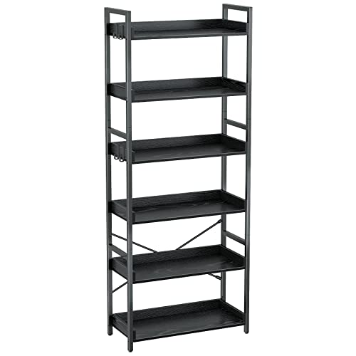 Rolanstar Bookshelf 6 Tier with 4 Hooks, Industrial Wood Bookcase, Vintage Storage Rack with Open Shelves, Rustic Standing Bookshelves Metal Frame Display Rack for Living Room, Bedroom