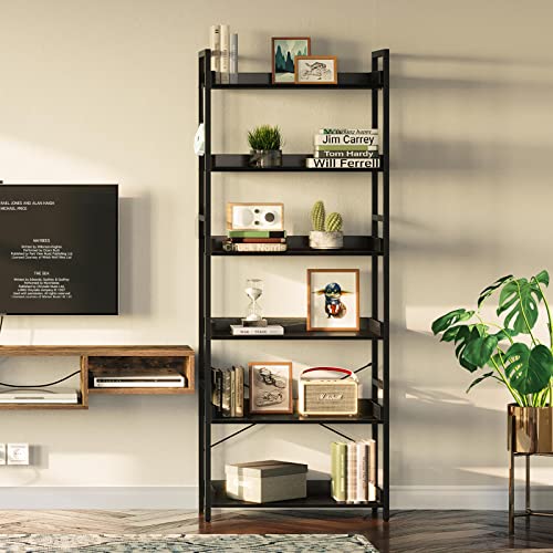 Rolanstar Bookshelf 6 Tier with 4 Hooks, Industrial Wood Bookcase, Vintage Storage Rack with Open Shelves, Rustic Standing Bookshelves Metal Frame Display Rack for Living Room, Bedroom