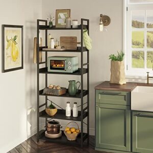 Rolanstar Bookshelf 6 Tier with 4 Hooks, Industrial Wood Bookcase, Vintage Storage Rack with Open Shelves, Rustic Standing Bookshelves Metal Frame Display Rack for Living Room, Bedroom