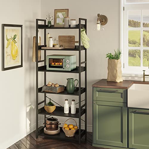 Rolanstar Bookshelf 6 Tier with 4 Hooks, Industrial Wood Bookcase, Vintage Storage Rack with Open Shelves, Rustic Standing Bookshelves Metal Frame Display Rack for Living Room, Bedroom