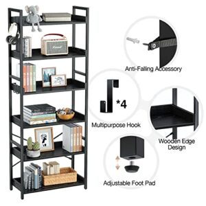 Rolanstar Bookshelf 6 Tier with 4 Hooks, Industrial Wood Bookcase, Vintage Storage Rack with Open Shelves, Rustic Standing Bookshelves Metal Frame Display Rack for Living Room, Bedroom