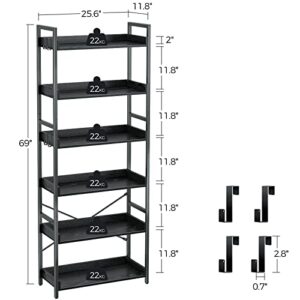 Rolanstar Bookshelf 6 Tier with 4 Hooks, Industrial Wood Bookcase, Vintage Storage Rack with Open Shelves, Rustic Standing Bookshelves Metal Frame Display Rack for Living Room, Bedroom