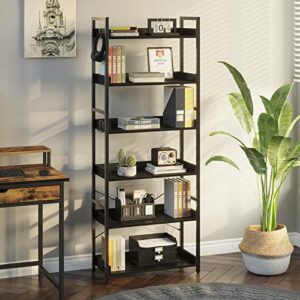 Rolanstar Bookshelf 6 Tier with 4 Hooks, Industrial Wood Bookcase, Vintage Storage Rack with Open Shelves, Rustic Standing Bookshelves Metal Frame Display Rack for Living Room, Bedroom