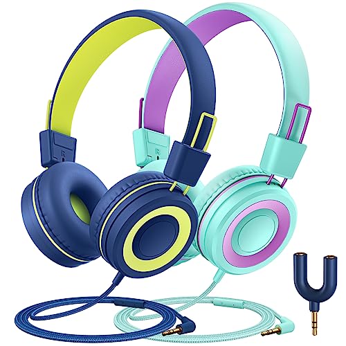 KLYLOP Kids Headphones with Microphone - 91dB Safe Volume Limited, Stereo Sounds, Wired On-Ear Headsets for Kids Teens with Sharing Splitter, Tangle-Free Foldable Headset for School/Tablet/Travel