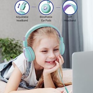 KLYLOP Kids Headphones with Microphone - 91dB Safe Volume Limited, Stereo Sounds, Wired On-Ear Headsets for Kids Teens with Sharing Splitter, Tangle-Free Foldable Headset for School/Tablet/Travel