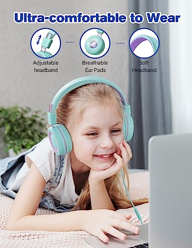 KLYLOP Kids Headphones with Microphone - 91dB Safe Volume Limited, Stereo Sounds, Wired On-Ear Headsets for Kids Teens with Sharing Splitter, Tangle-Free Foldable Headset for School/Tablet/Travel