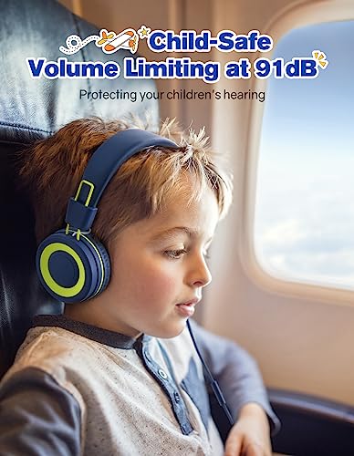 KLYLOP Kids Headphones with Microphone - 91dB Safe Volume Limited, Stereo Sounds, Wired On-Ear Headsets for Kids Teens with Sharing Splitter, Tangle-Free Foldable Headset for School/Tablet/Travel