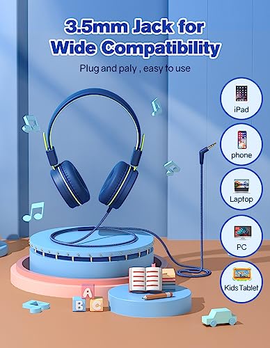 KLYLOP Kids Headphones with Microphone - 91dB Safe Volume Limited, Stereo Sounds, Wired On-Ear Headsets for Kids Teens with Sharing Splitter, Tangle-Free Foldable Headset for School/Tablet/Travel