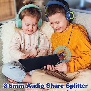 KLYLOP Kids Headphones with Microphone - 91dB Safe Volume Limited, Stereo Sounds, Wired On-Ear Headsets for Kids Teens with Sharing Splitter, Tangle-Free Foldable Headset for School/Tablet/Travel