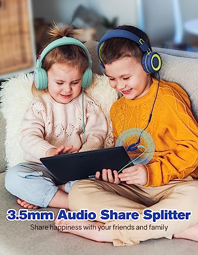 KLYLOP Kids Headphones with Microphone - 91dB Safe Volume Limited, Stereo Sounds, Wired On-Ear Headsets for Kids Teens with Sharing Splitter, Tangle-Free Foldable Headset for School/Tablet/Travel