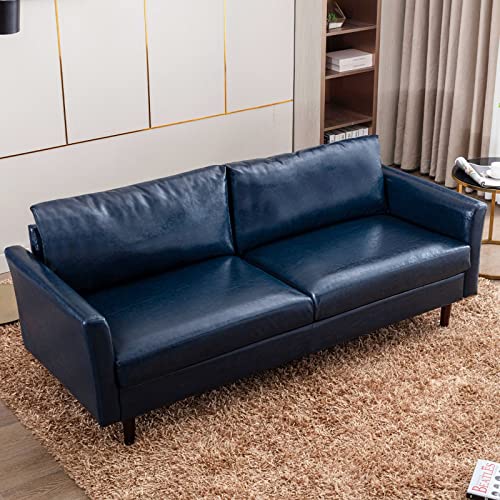 Dreamsir 80'' Faux Leather Sofa Couch, Mid-Century Modern Sofa with Solid Wooden Frame & Padded Cushions, 3-Seater Couch for Living Room, Apartment, Lounge Room (Blue)