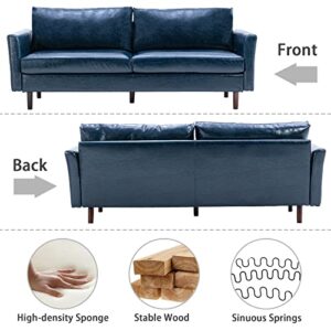 Dreamsir 80'' Faux Leather Sofa Couch, Mid-Century Modern Sofa with Solid Wooden Frame & Padded Cushions, 3-Seater Couch for Living Room, Apartment, Lounge Room (Blue)