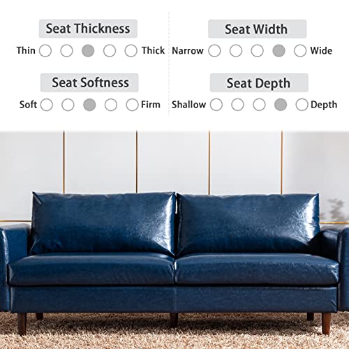 Dreamsir 80'' Faux Leather Sofa Couch, Mid-Century Modern Sofa with Solid Wooden Frame & Padded Cushions, 3-Seater Couch for Living Room, Apartment, Lounge Room (Blue)