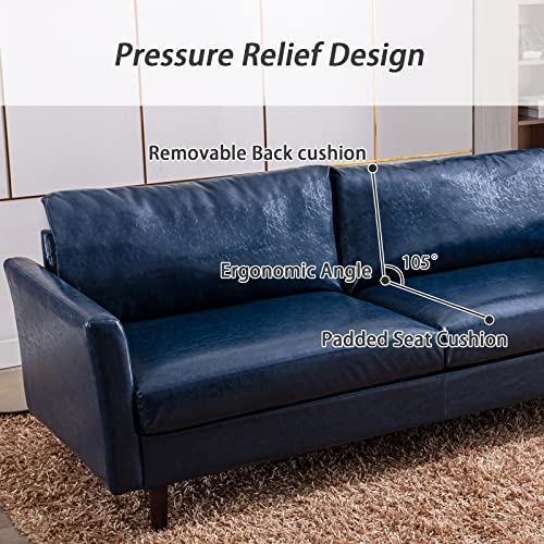 Dreamsir 80'' Faux Leather Sofa Couch, Mid-Century Modern Sofa with Solid Wooden Frame & Padded Cushions, 3-Seater Couch for Living Room, Apartment, Lounge Room (Blue)