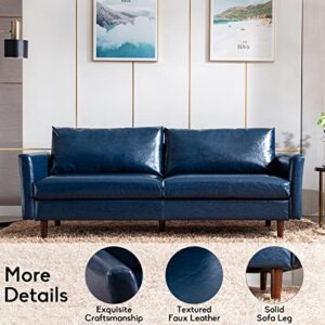 Dreamsir 80'' Faux Leather Sofa Couch, Mid-Century Modern Sofa with Solid Wooden Frame & Padded Cushions, 3-Seater Couch for Living Room, Apartment, Lounge Room (Blue)