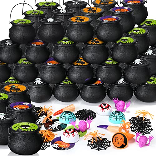 320 Pieces Halloween Game Toy Gifts 40 Pack Prefilled Cauldrons with Halloween Toy Eyeballs with Spider Rings Pumpkin Spinner Tops Halloween Toy Eyeballs Sticky Hands for Halloween Party Favors