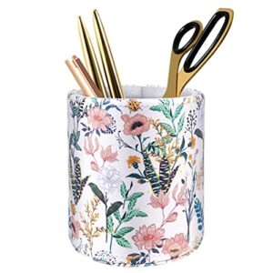 waveyu pen holder for women girls, decorative pencil organizer, makeup brush holder, leather multi-functional organizer for office, home, classroom, white flower