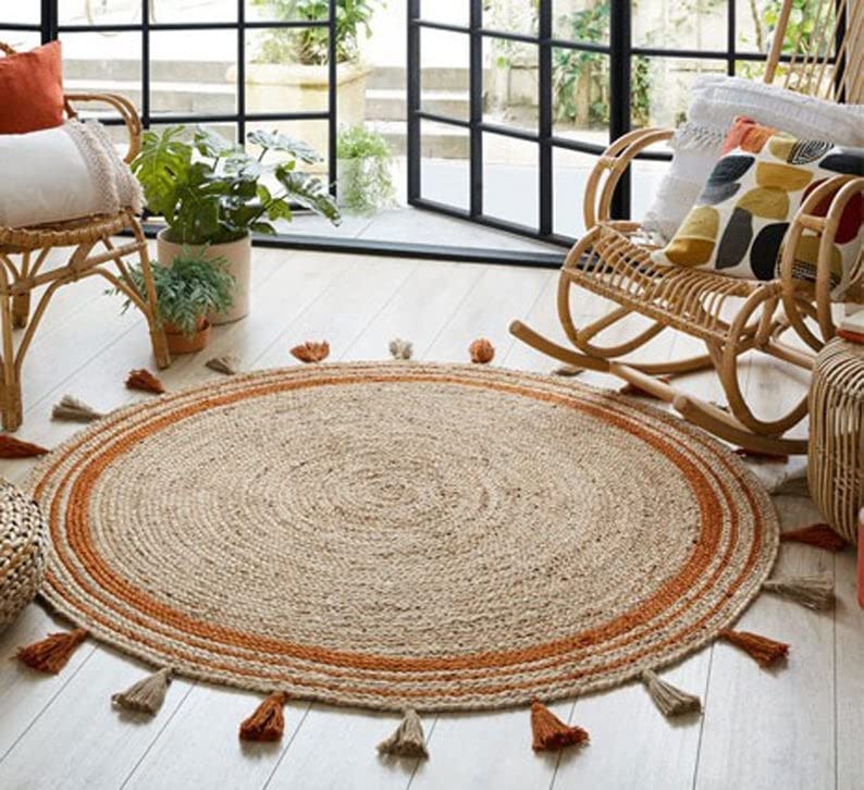 3x3 4x4 5x5 6x6 7x7 8x8 ft. Jute Braided Round Rug Natural Fiber Rug Handmade Rug Round Turkish Rug Hemp Rug Large Area Rug Office Sisal Jute Rug by Rugs Hut (8x8 feet Round Rug, Orange)