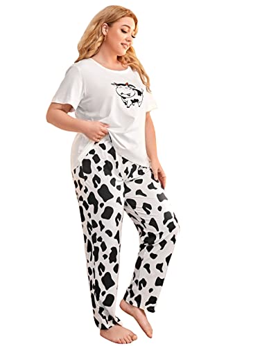 WDIRARA Women's Plus Size 2 Piece Cow Print Short Sleeve T Shirts and Pants Pajama Set Black and White 2XL