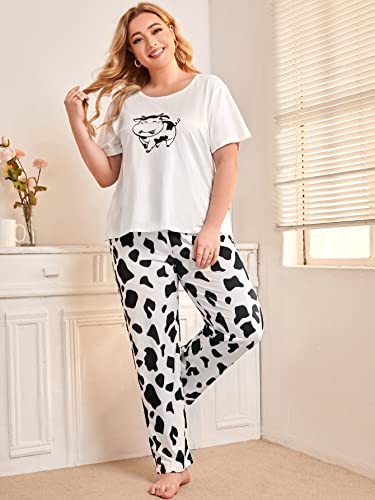 WDIRARA Women's Plus Size 2 Piece Cow Print Short Sleeve T Shirts and Pants Pajama Set Black and White 2XL