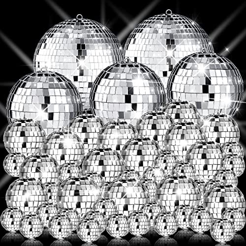 50 Pcs Disco Balls Ornaments Mini Silver Hanging Decorations Reflective Mirror Ball Cake Decoration 70s Party Supplies for Christmas Festive (1.2 Inch, 2 3.2 4 Inch)