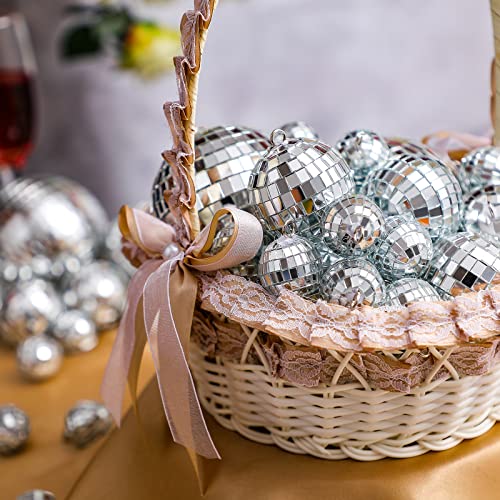 50 Pcs Disco Balls Ornaments Mini Silver Hanging Decorations Reflective Mirror Ball Cake Decoration 70s Party Supplies for Christmas Festive (1.2 Inch, 2 3.2 4 Inch)