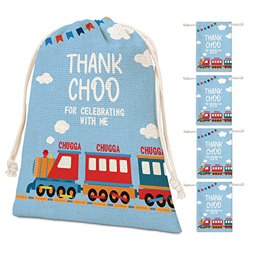 Train Theme Party Favors Bags, Steam Train Railroad Party Gift Bags, Supplies, Decorations, 5 Pack Drawstring Candy Treat Goodies Gift Bags for Kids Birthday Party, Baby Shower Party (A13)