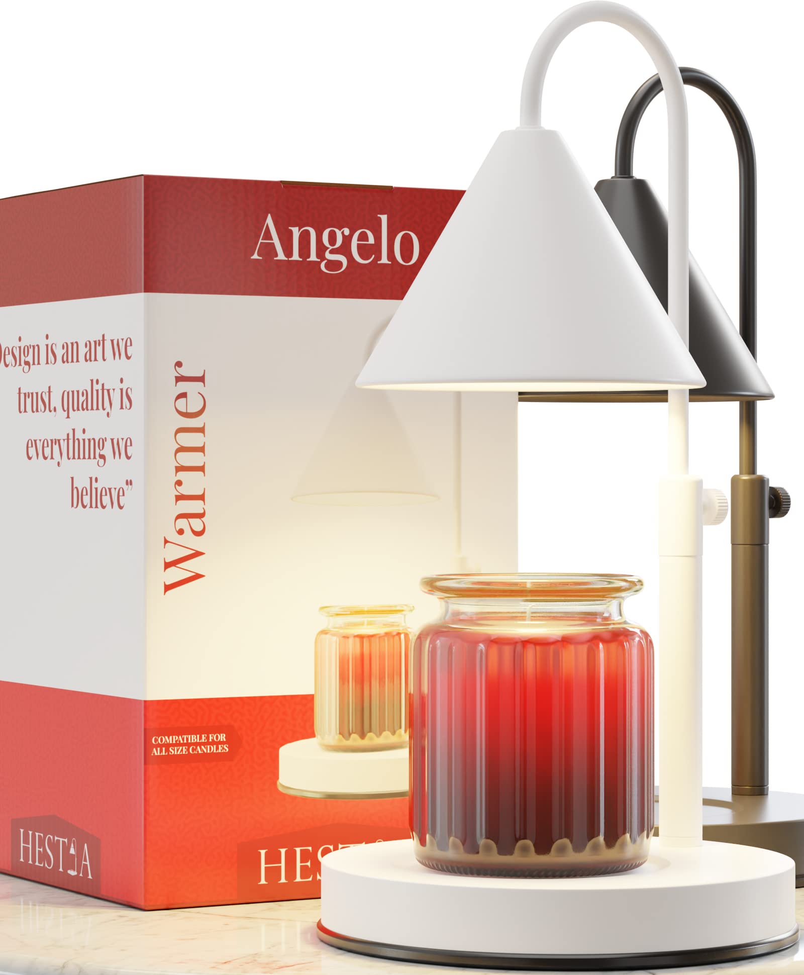 Hestia Angelo Candle Warmer, Adjustable Lamp for Yankee Candle Large Jar and 3 Wick Candles, Top Overhead Shade Warmers, 110-120V, Electric Auto Shut Melter Candle Warming Lamps (White, Timer)