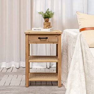 Brown Natural Solid Wood End Table with Drawer, Industrial Nightstand Sofa Side Table with 2 Tier Rattan Shelf, Fit for Bedroom, Living Room