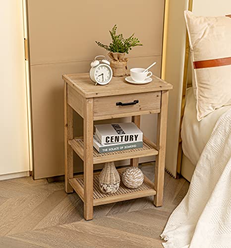 Brown Natural Solid Wood End Table with Drawer, Industrial Nightstand Sofa Side Table with 2 Tier Rattan Shelf, Fit for Bedroom, Living Room