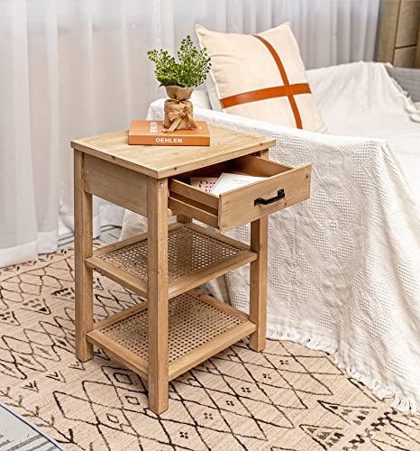 Brown Natural Solid Wood End Table with Drawer, Industrial Nightstand Sofa Side Table with 2 Tier Rattan Shelf, Fit for Bedroom, Living Room