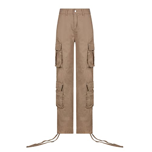 Women's Y2K High Rise Baggy Straight Leg Cargo Pants Streetwear Casual Boyfriend Trousers with Pockets Khaki