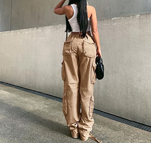 Women's Y2K High Rise Baggy Straight Leg Cargo Pants Streetwear Casual Boyfriend Trousers with Pockets Khaki