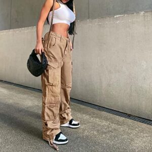 Women's Y2K High Rise Baggy Straight Leg Cargo Pants Streetwear Casual Boyfriend Trousers with Pockets Khaki