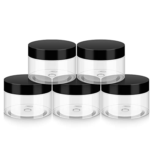 BonyTek Household 4oz Plastic Jars with Lids, 5 Pack BPA Free, Reusable, Refillable Transparent Cosmetic Containers for Bath Salts, Cosmetics, Powders, Beauty Product and Small Accessories