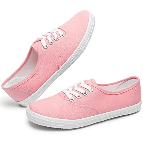 Womens White Canvas Sneakers Low Top Lace-up Canvas Shoes Lightweight Casual Tennis Shoes(Pink.US7)