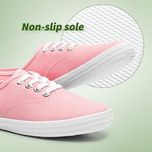 Womens White Canvas Sneakers Low Top Lace-up Canvas Shoes Lightweight Casual Tennis Shoes(Pink.US7)