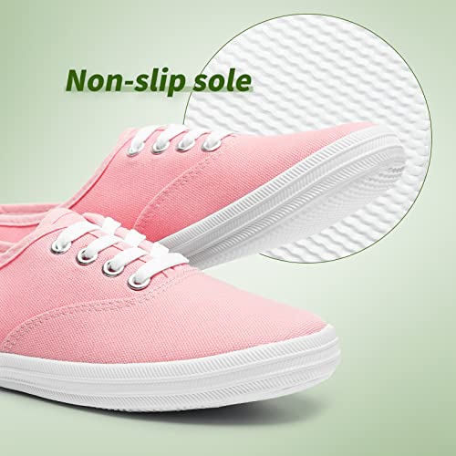 Womens White Canvas Sneakers Low Top Lace-up Canvas Shoes Lightweight Casual Tennis Shoes(Pink.US7)