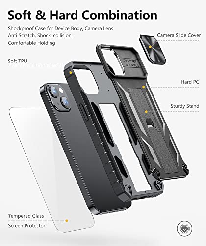 SOiOS for iPhone 13 Mini & 12 Mini Rugged Case: with Kickstand & Slide 13mini 12mini Protective Cell Phone Cover Military Grade Drop Protection Durable Tough Hard | Shockproof Textured Bumper- Black