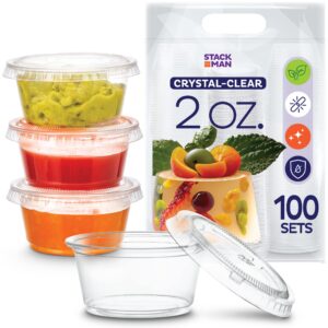 mini plastic souffle cups with lids [2 oz - 100 sets] jello shot cups - 2oz cup, small condiment & snack containers - disposable 2 ounce plastic portion glasses & lid for sauce dressing or shots