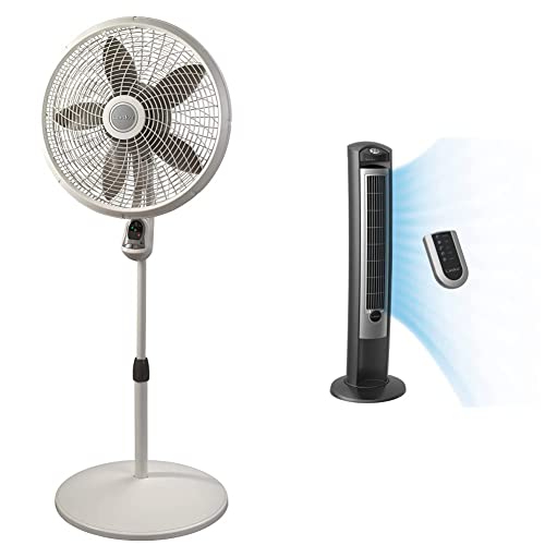 Lasko 1885 18" Cyclone Pedestal Fan with Remote Control, 18 inches White & Portable Electric 42" Oscillating Tower Fan with Nighttime Setting, Timer and Remote Control, Silver T42951