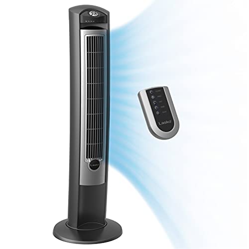 Lasko 1885 18" Cyclone Pedestal Fan with Remote Control, 18 inches White & Portable Electric 42" Oscillating Tower Fan with Nighttime Setting, Timer and Remote Control, Silver T42951