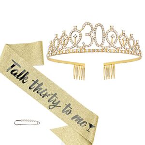 aoprie birthday crown for women 30 talk thirty to me birthday sash for women girls gold birthday tiara 30th birthday gifts her him decoration for women princess crown rhinestone headband happy birthday accessories