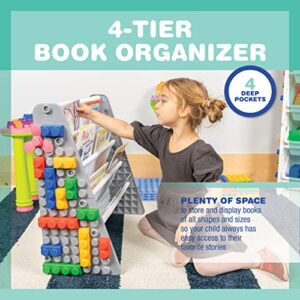 UNiPLAY Kids 4-Tier Book Storage Organizer with Sling Book Pockets, Plastic Sling Rack Bookshelf for Playroom, Fits Blocks, Gray/White