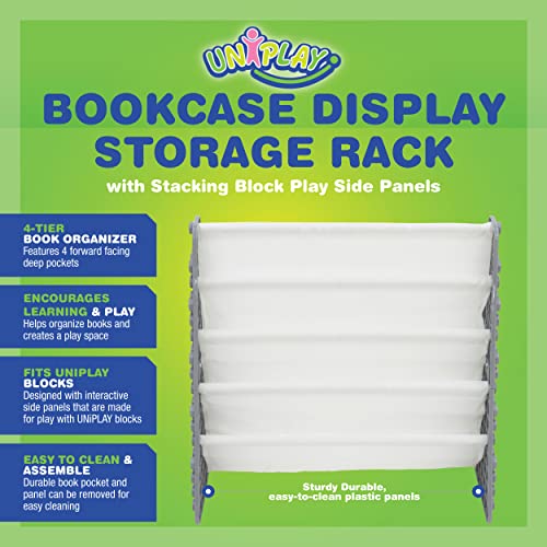 UNiPLAY Kids 4-Tier Book Storage Organizer with Sling Book Pockets, Plastic Sling Rack Bookshelf for Playroom, Fits Blocks, Gray/White