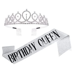 aoprie birthday crown for women birthday queen sash silver black birthday tiara for women princess crown rhinestone happy birthday accessories party favor