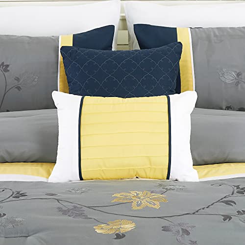 Chezmoi Collection Serene 7-Piece Luxury Autumn Floral Embroidery Comforter Set, California King, Navy/Gray/Yellow