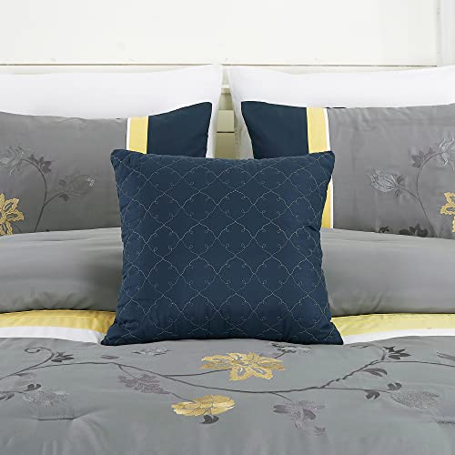 Chezmoi Collection Serene 7-Piece Luxury Autumn Floral Embroidery Comforter Set, California King, Navy/Gray/Yellow