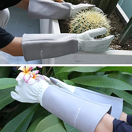 FACELANDY Long Gardening Gloves for Men & Women, Pigskin Leather Rose Gardening Gloves, Thorn Proof Rose Pruning Gloves Garden Gloves Yard Work Gloves (S, Grey)