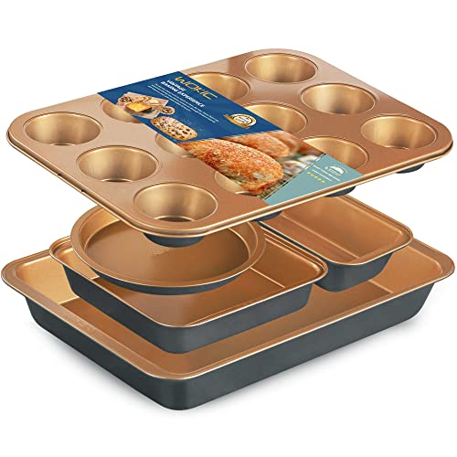 Wokic Nonstick Baking Pans Set - 5-Piece Baking Sheet with Round Cake Pan, Square Cake Pan, Loaf Pan, Muffin Pan, and Roasting Pan, Dishwasher Safe, Oven Safe, and Easy to Clean